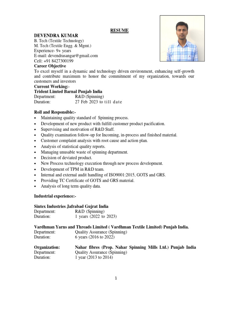 devendra resume 2024 | PDF | Spinning (Textiles)