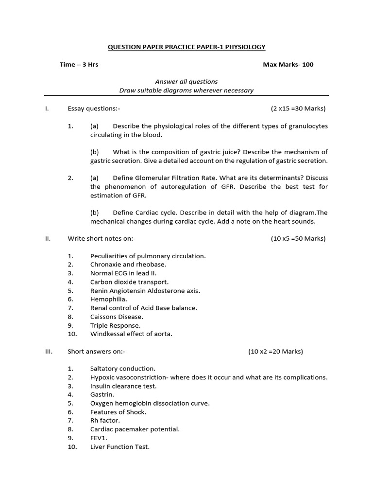 Question Paper Practice Physiology Paper | PDF