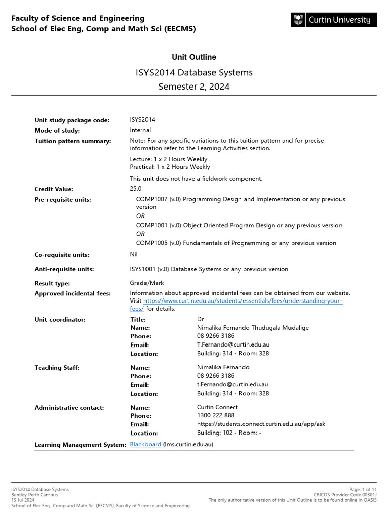 ISYS2014 Database Systems Unit Outline | PDF | Databases | Relational ...
