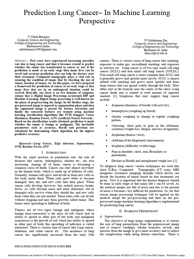 Prediction Lung Cancer In Machine Learning Perspective Pdf Image