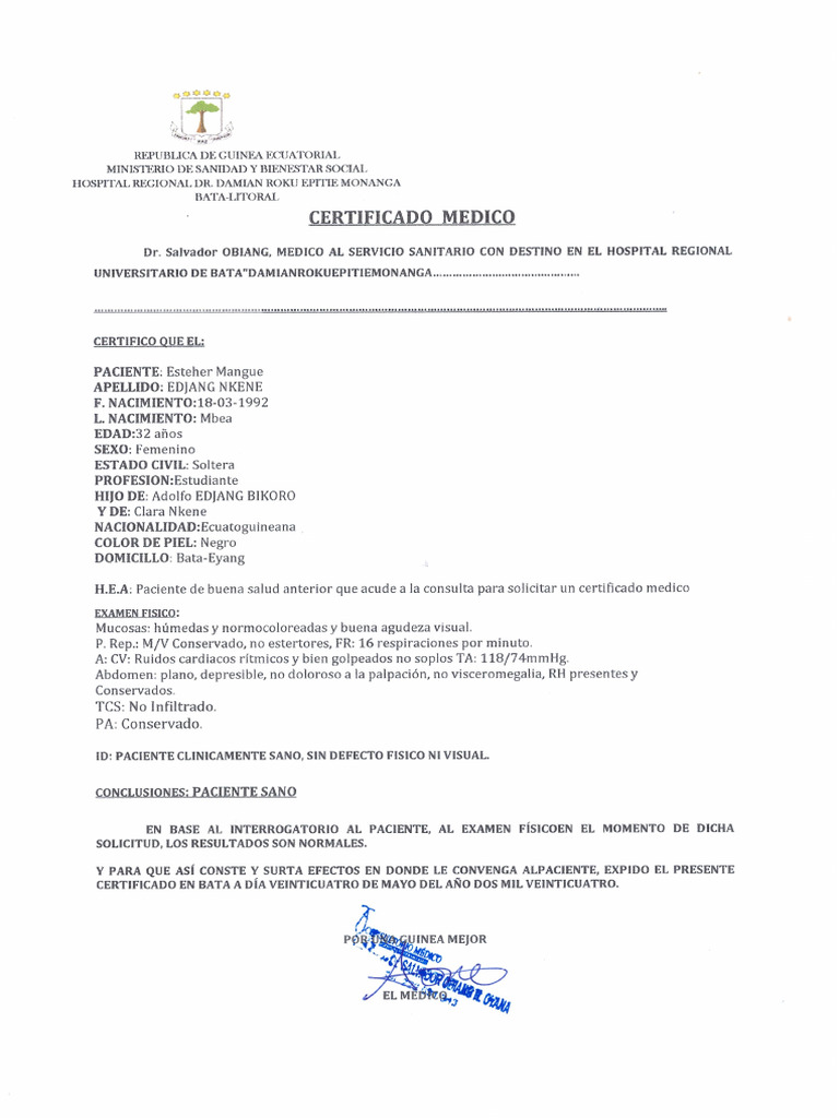 Certificado Medico de Esther Mangue Edjang Nkene | PDF