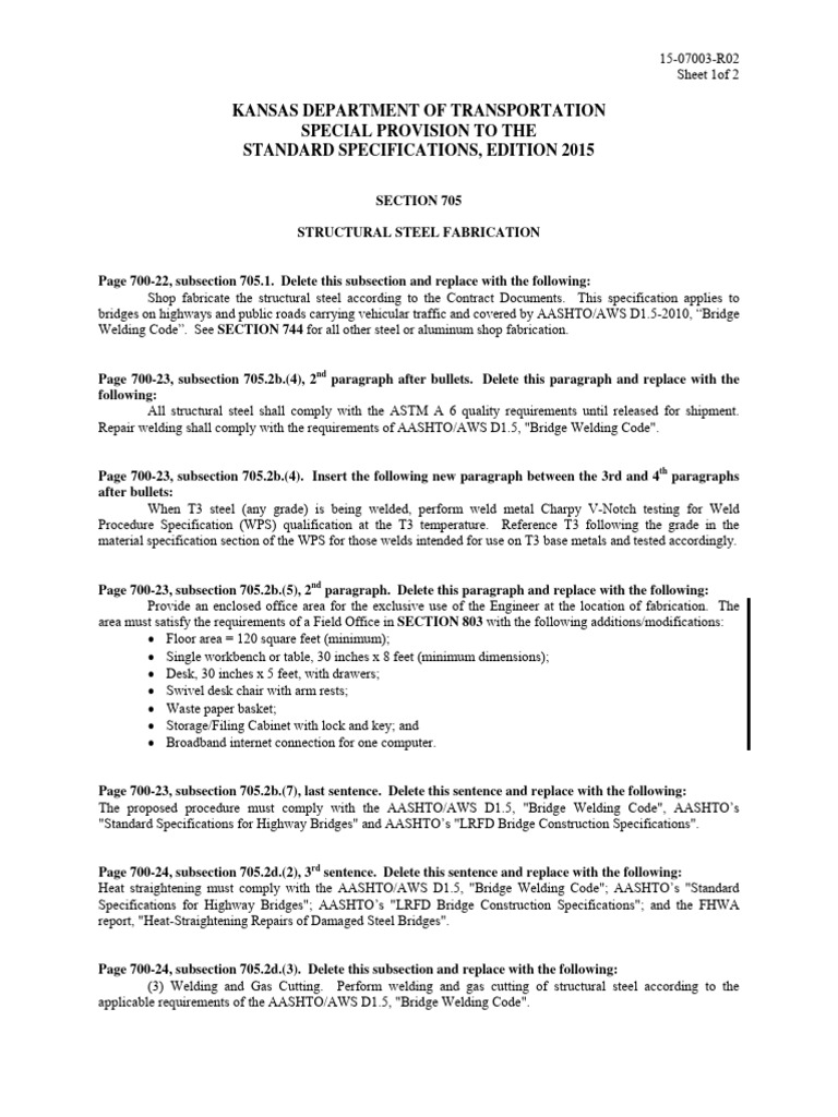 2015 KDOT Special Provision 705-3 | PDF | Welding | Construction