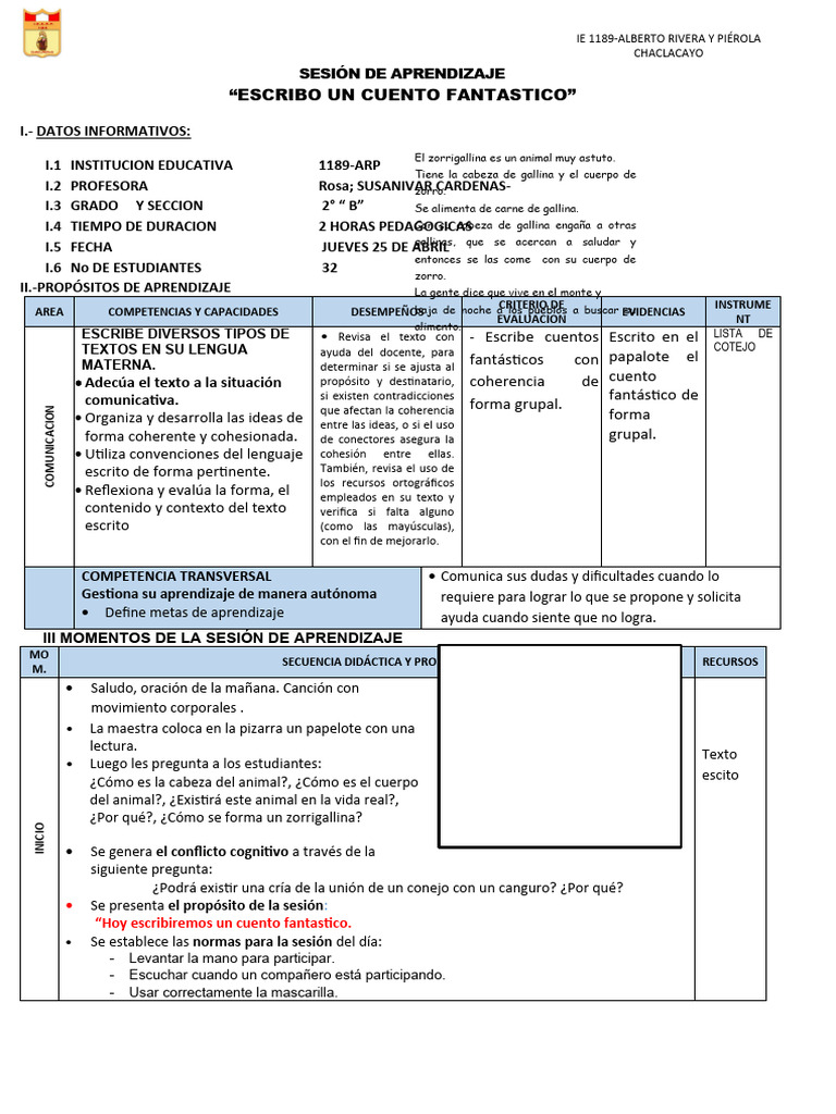 Comunicacion-Escribimos Un Cuento Fantastico | PDF | Aprendizaje