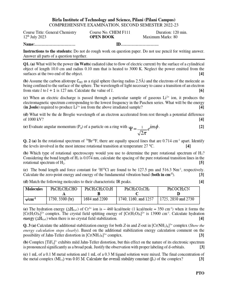 1155 CHEM F111 20230718084859 Comprehensive Exam Question Paper | PDF ...