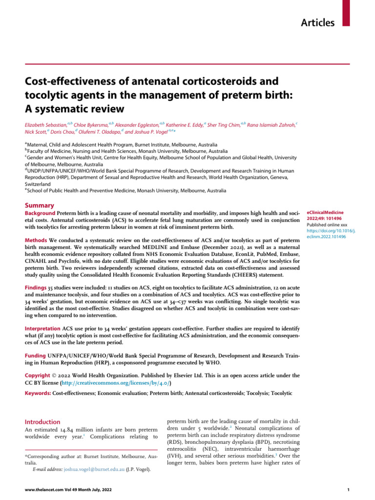 Q1 - Cost-Effectiveness of Antenatal Corticosteroids and | PDF | Preterm Birth | Systematic Review