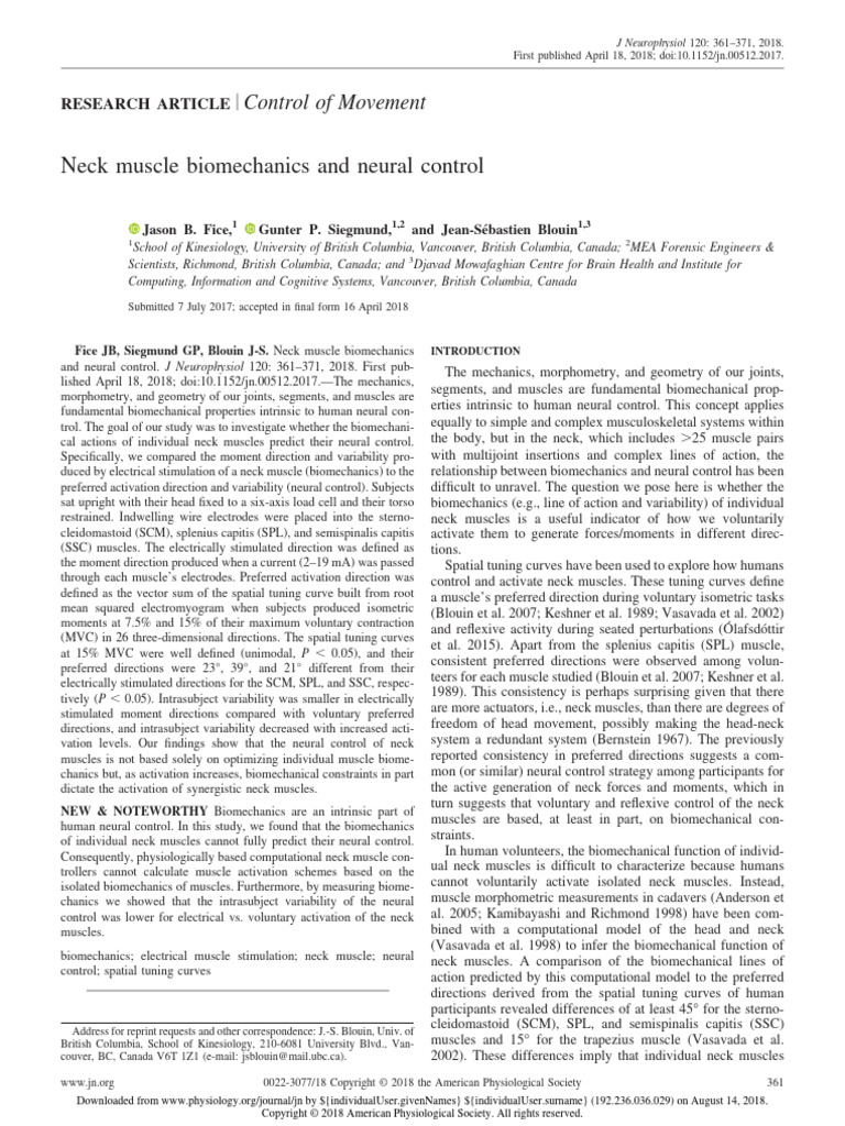 Neck Muscle Biomechanics and Neural Control 2018 | PDF ...