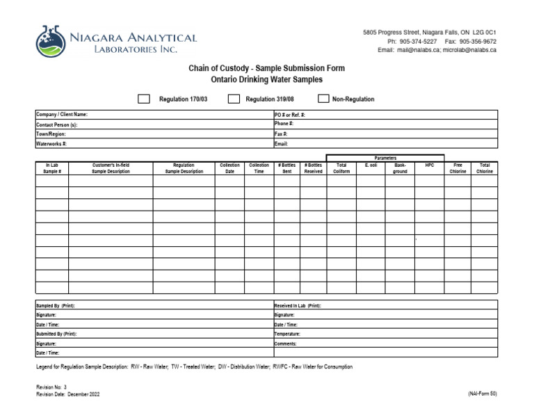 Drinking Water Chain of Custody Form | PDF | Environmental Engineering ...