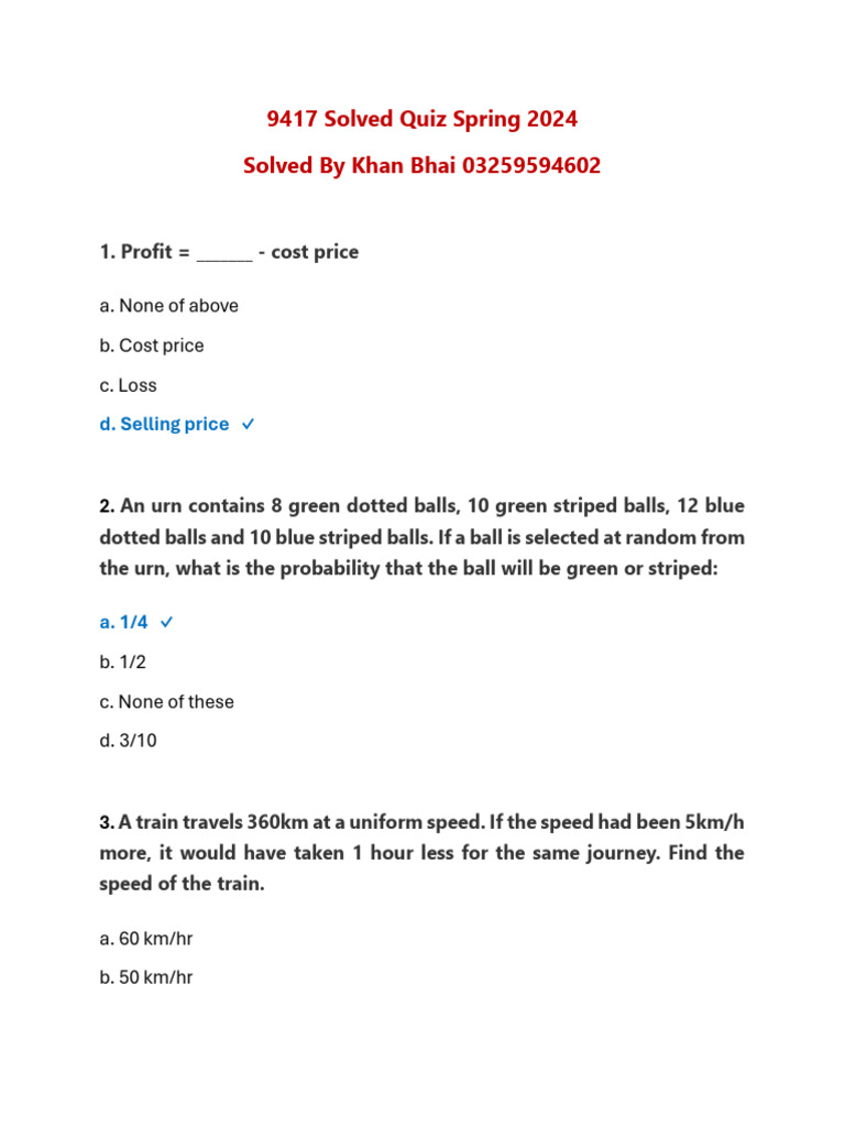 9417 Solved Quiz Spring 2024 Solved by Khan Bhai 03259594602 | PDF | Mathematical Analysis ...