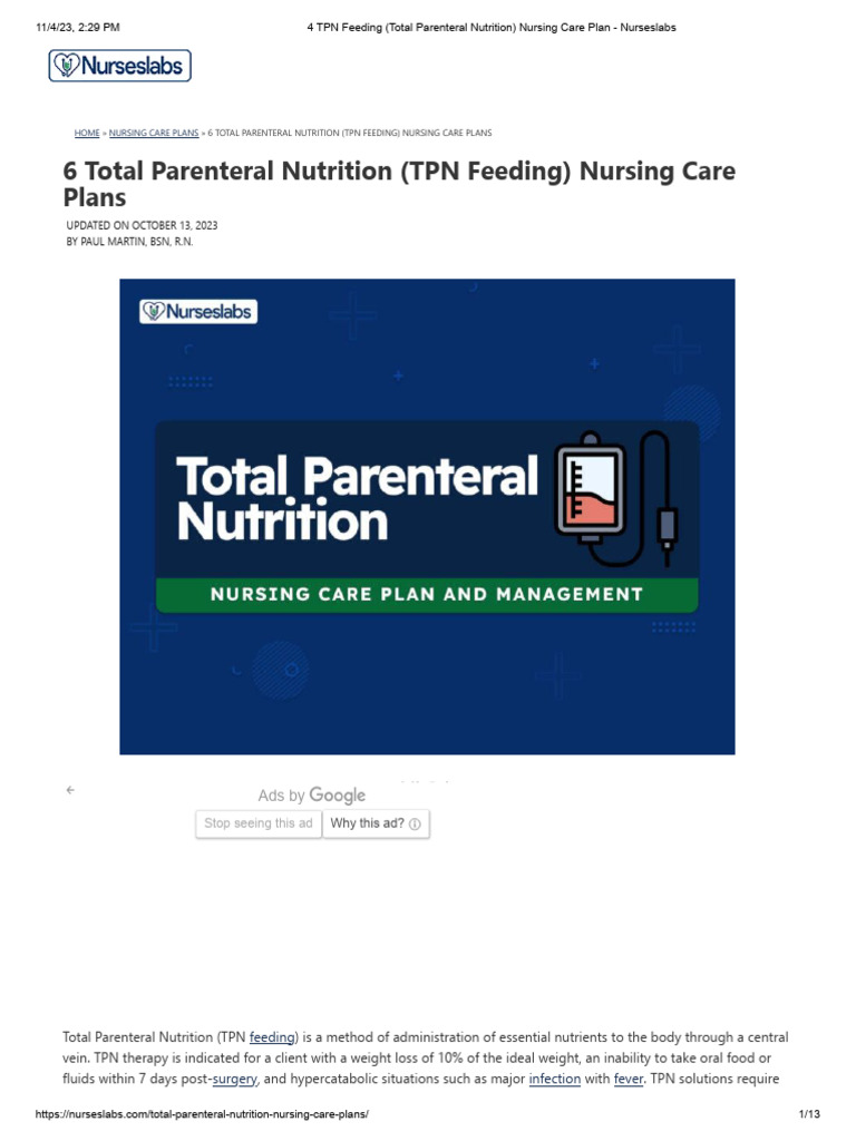 4 TPN Feeding (Total Parenteral Nutrition) Nursing Care Plan ...