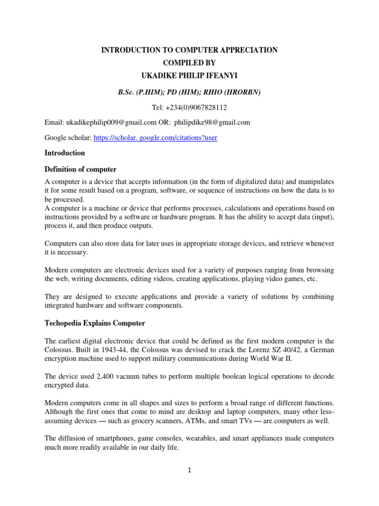 Introduction To Computer Appreciation 2024 | PDF | Personal Computers | Laptop