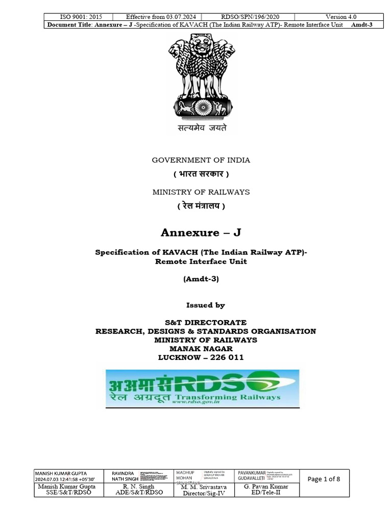 Annexure - J - Specification of KAVACH (The Indian Railway ATP ...