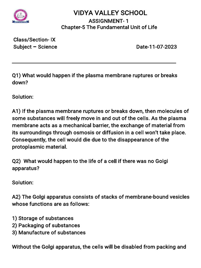 Grade 9 Science Assignment - 1 2023-24 | PDF | Osmosis | Cell (Biology)