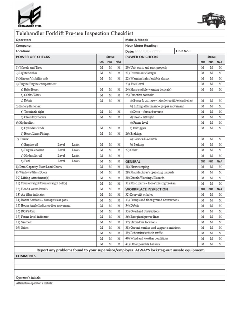 Boom Lift Inspection Check List | PDF | Forklift | Transport