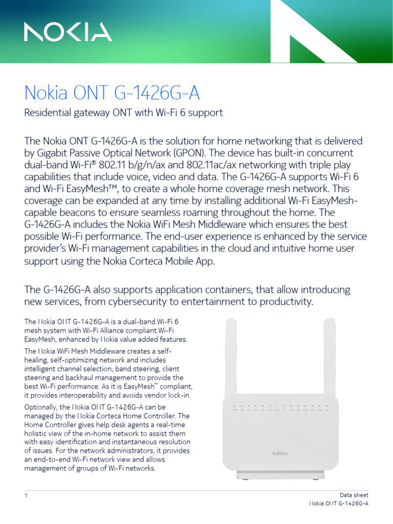 Nokia ONT G 1426G A Datasheet Data Sheet EN | PDF | Wi Fi | Ieee 802.11