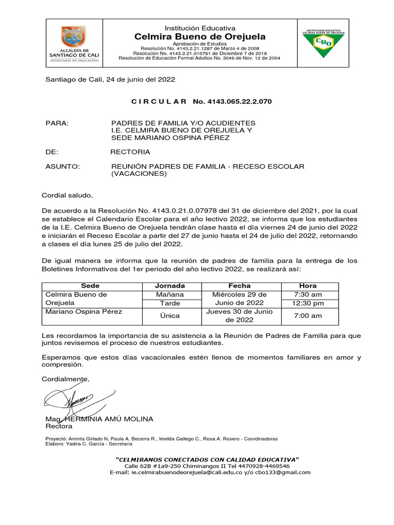 Circular 070 Reunión padres de familia entrega boletines 1er | PDF