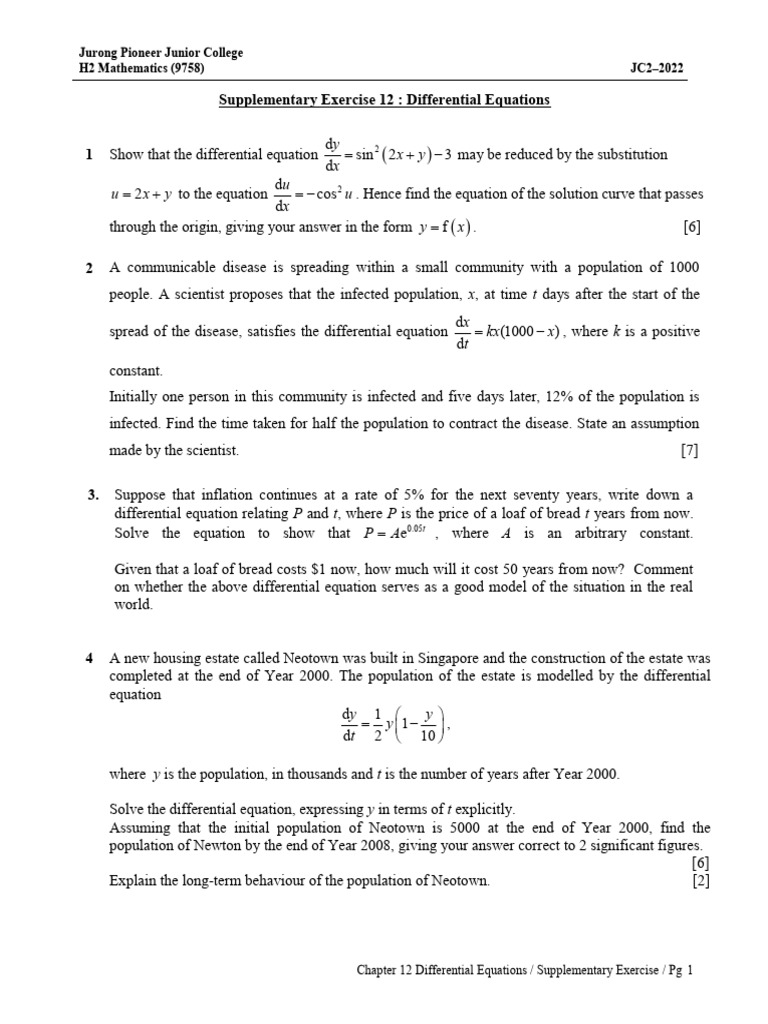 Supplementary Exercise 12 Differential Equations - QN | PDF | Equations ...
