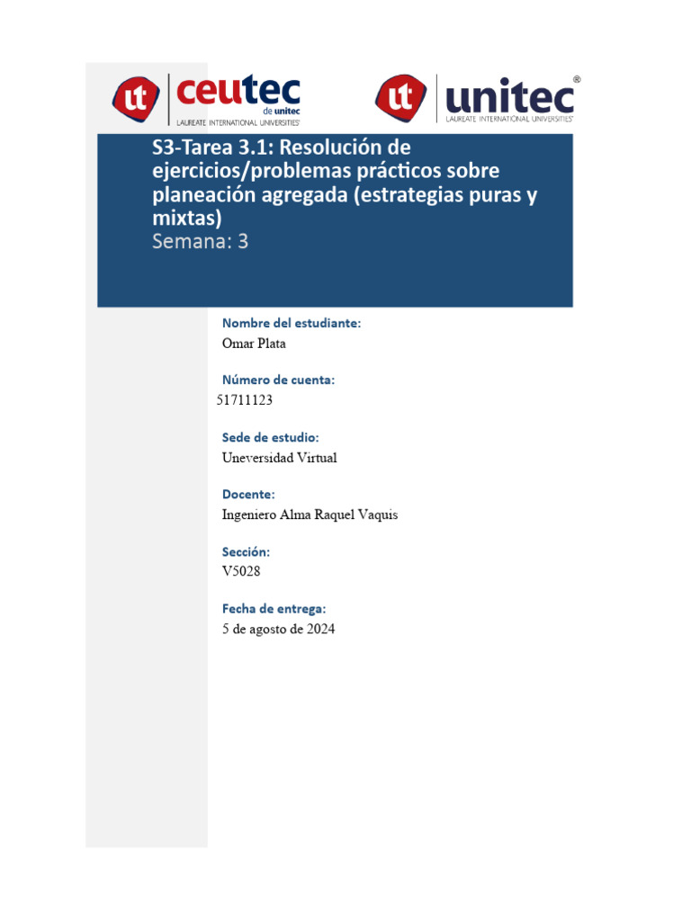 Tarea 3 1 Resolucion de Ejerciciosproblemas Practicos Sobre Planeacion Agregada Estrategias ...