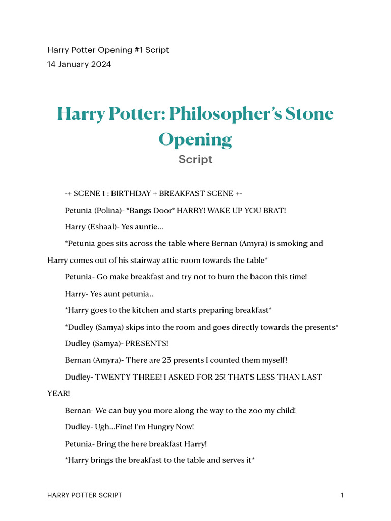 Harry Potter Opening Scene Script | PDF | Harry Potter