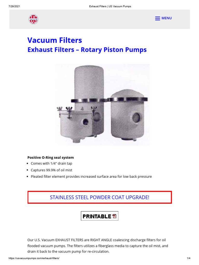 US Vacuum Pumps-Exhaust Filters | PDF | Pump | Vacuum