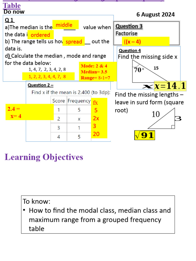 4 2d Estimated Median Mode And Range In Grouped Frequency Tables Rse