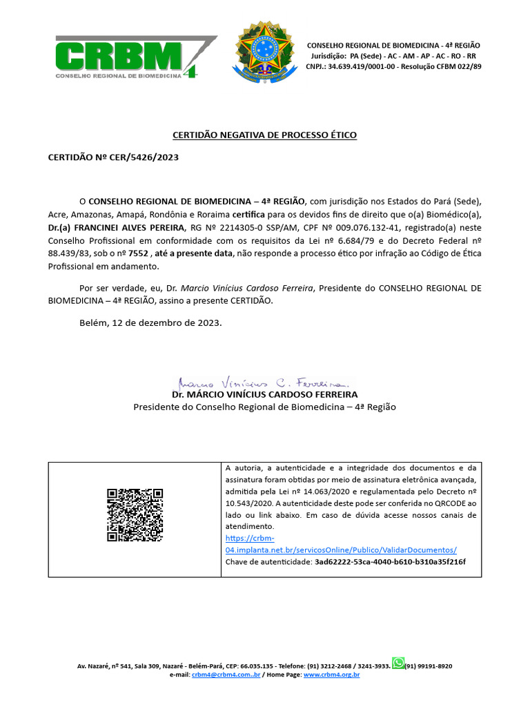 Certidao de Nada Consta - Francinei Alves Pereira - 7552 - Ético | PDF