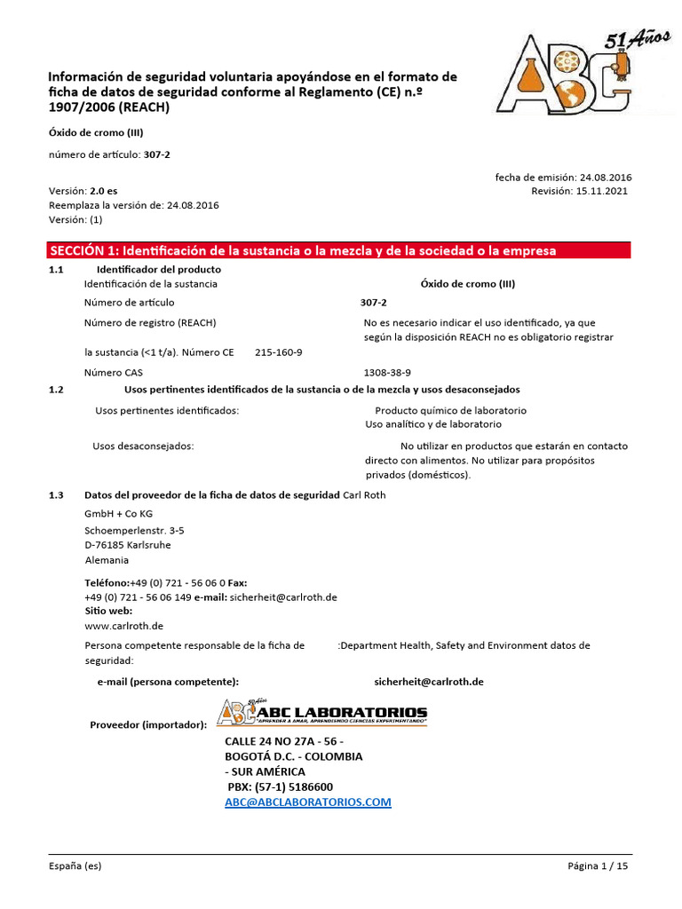FICHA TECNICA OXIDO CROMO III | PDF | Contaminación | Residuos