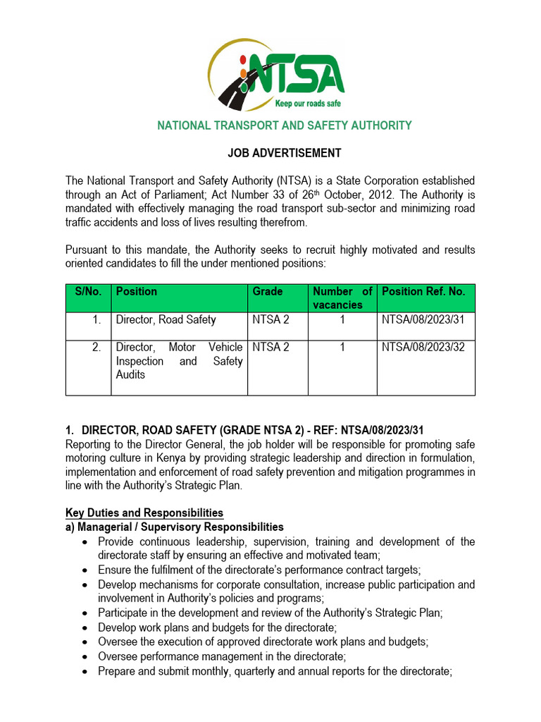 NTSA Job Openings: Director Roles | PDF | Road Traffic Safety ...