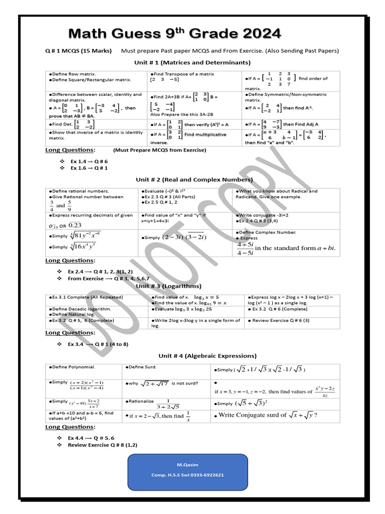 9th Grade Math Guess Paper 2024 | PDF | Triangle | Matrix (Mathematics)