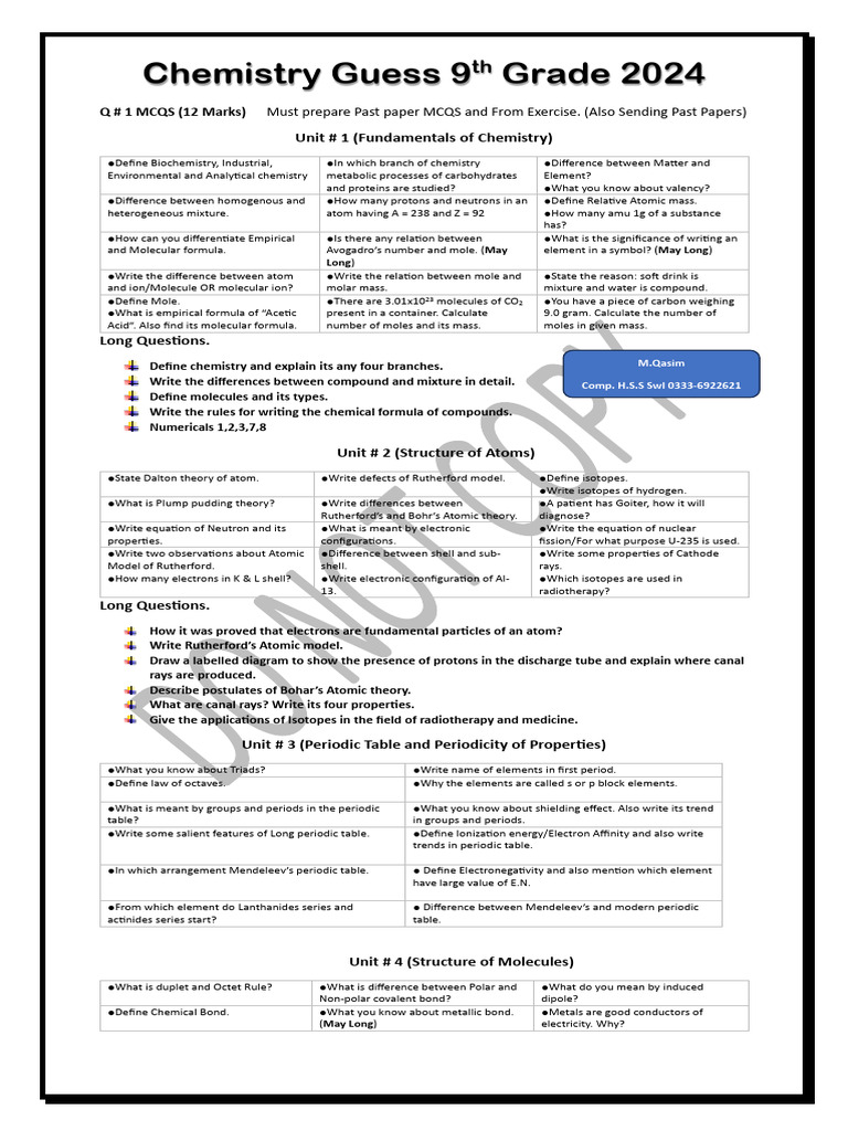 Chemistry Guess 9th Grade 2024 | PDF | Chemical Bond | Chemical Compounds