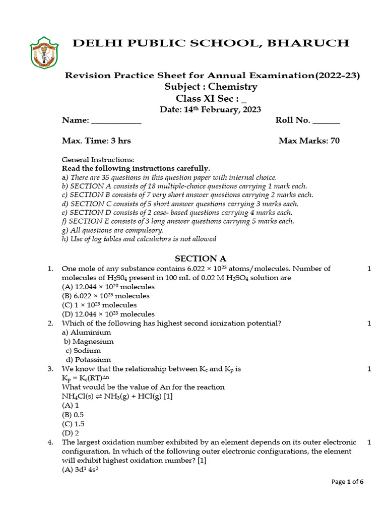 Chemistry Revision Sheet Class XI | PDF | Chemical Reactions | Electron