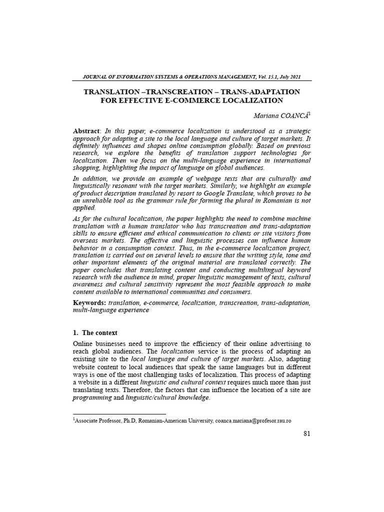) Coancă, Mariana. Translation-Transcreation - Trans-Adaptation | PDF | Translations | E Commerce