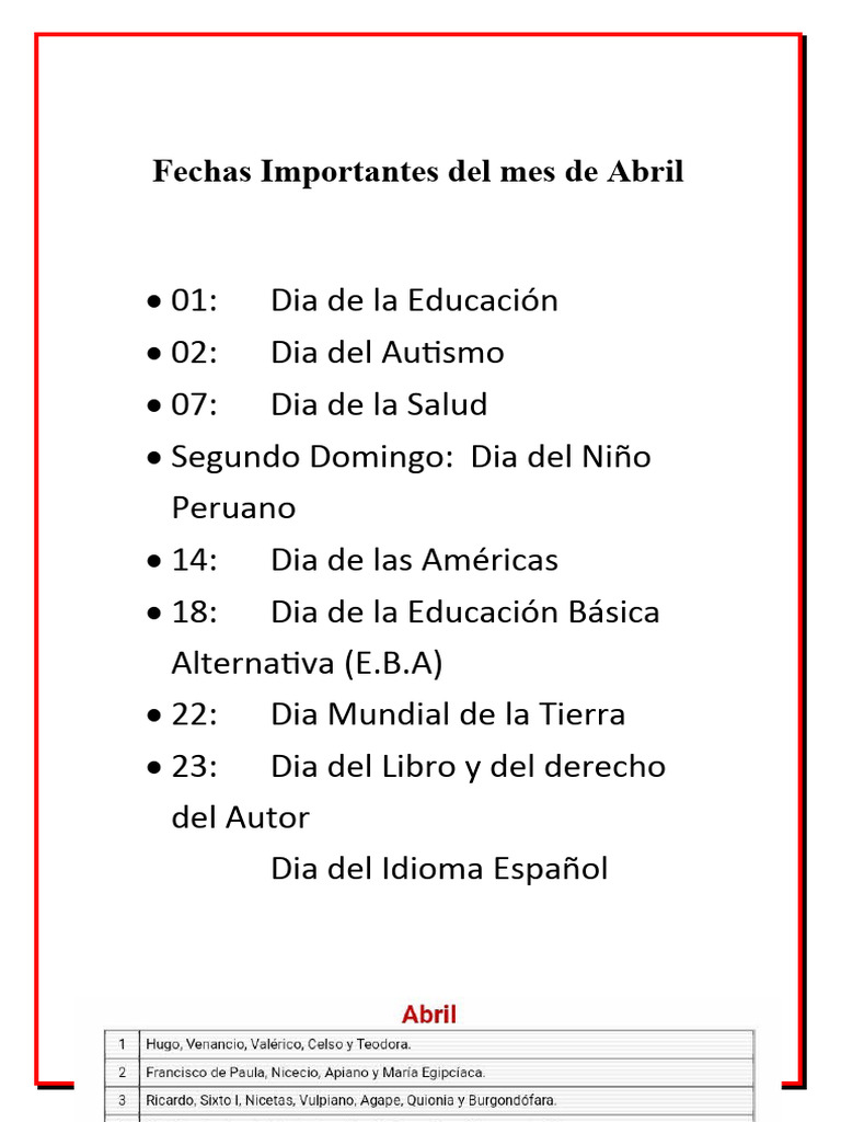 Fechas Importantes Del Mes de Abril | PDF | Novela negra, policíaca y ...