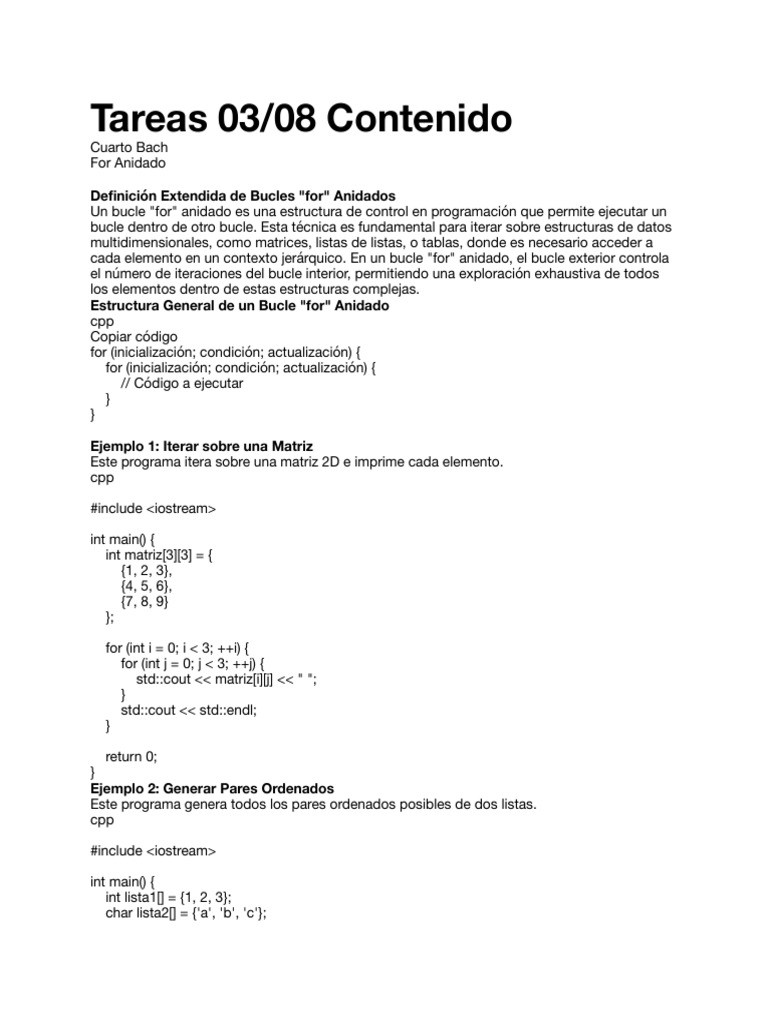 Ejemplos de Bucles "for" Anidados | PDF | C ++ | Programación de computadoras