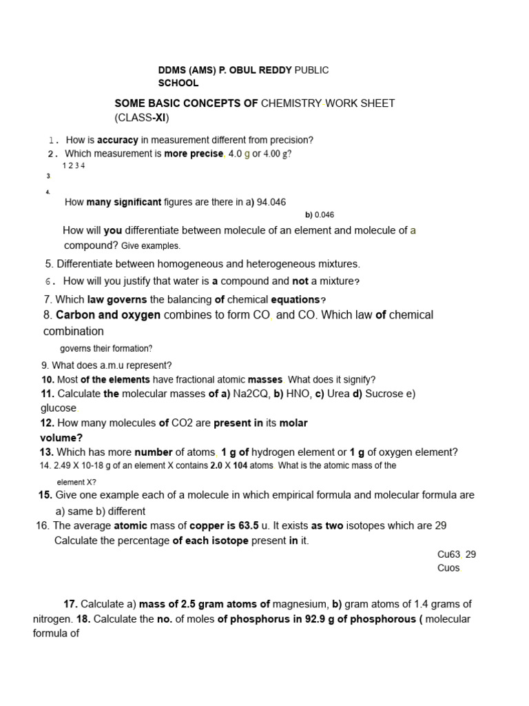 Some Basic Concepts of Chemistry Work Sheet | PDF | Mole (Unit) | Molecules