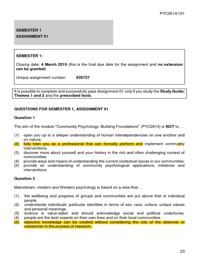 COMPILED ASSIGNMENTS 2018-2020 Pyc2613 | PDF | Psychology | Mental Health