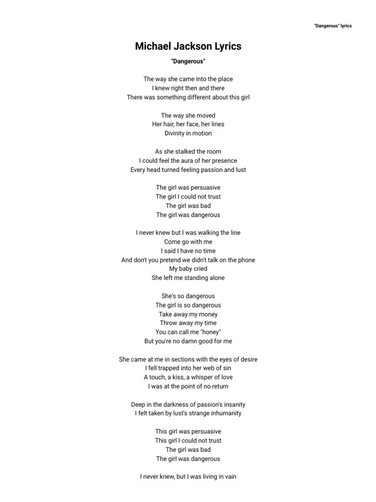 Michael Jackson - Dangerous Lyrics | PDF