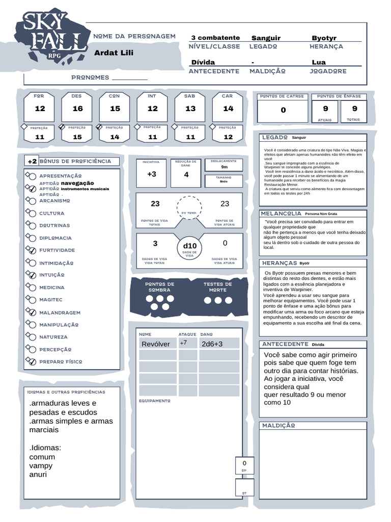 Skyfall RPG - Ficha Ardat | PDF