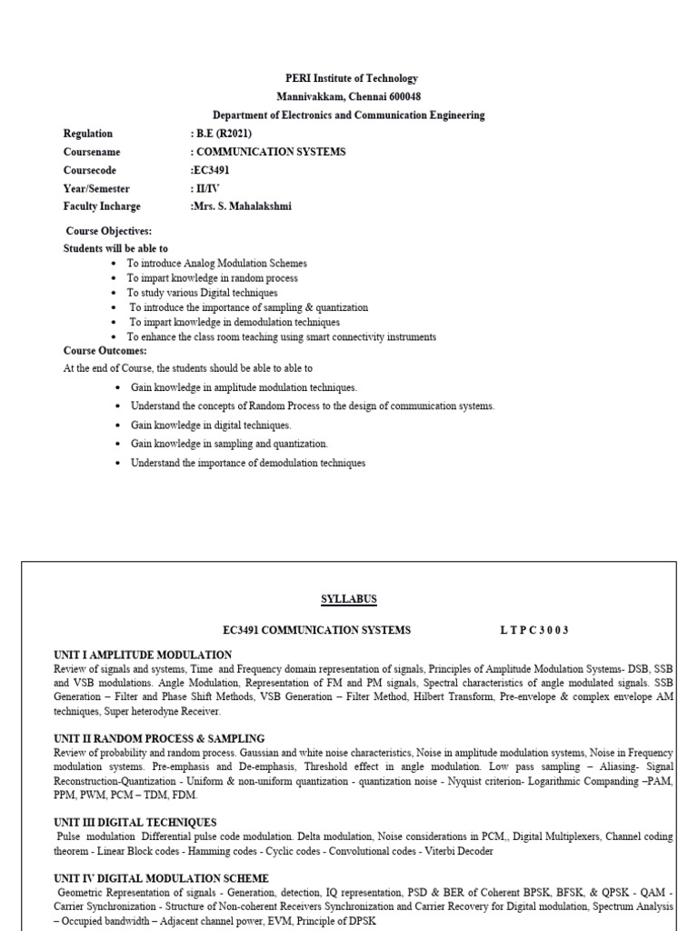 Lesson Plan-Communication Systems | PDF | Modulation | Sampling (Signal ... Lesson Plan-Communication Systems | PDF | Modulation | Sampling (Signal ...