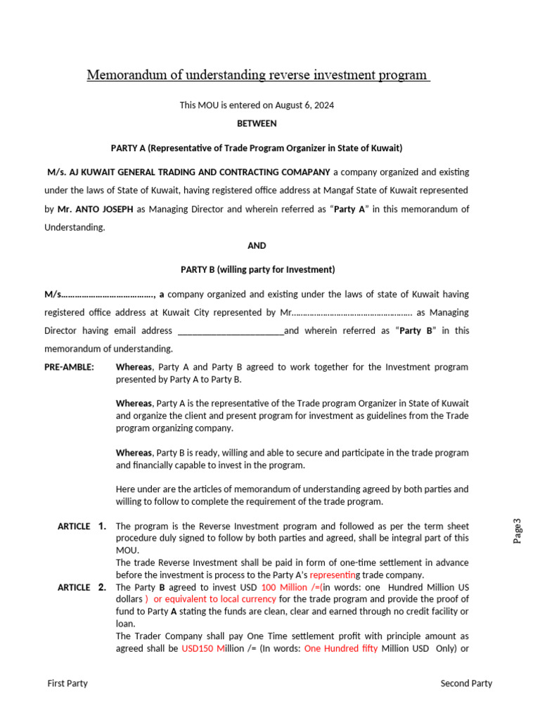 Mou Re - Investment | PDF | Banks | Non Disclosure Agreement