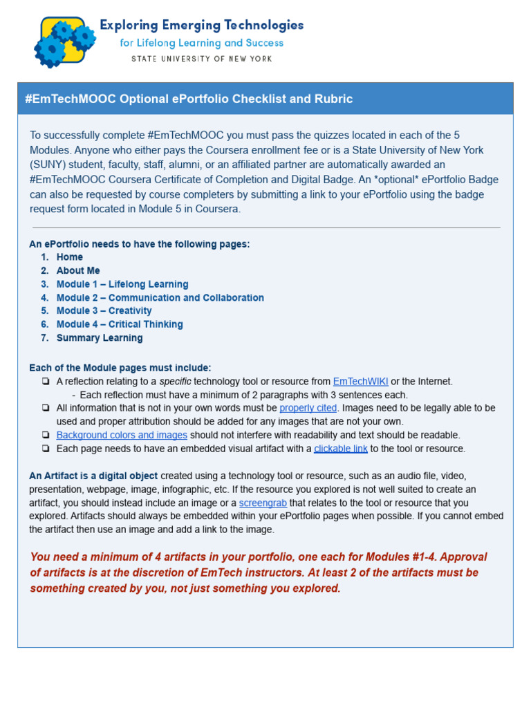 EmTechMOOC Optional Eportfolio Checklist and Rubric | PDF | Learning | Creativity