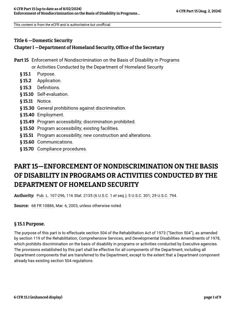 6 CFR Part 15 (Up To Date As of 8-02-2024) | PDF | Section 504 Of The ...