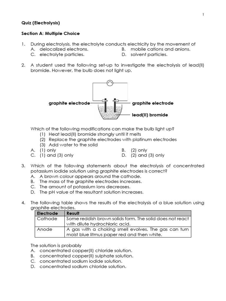Electrolysis Quiz | PDF | Electrolyte | Sulfuric Acid