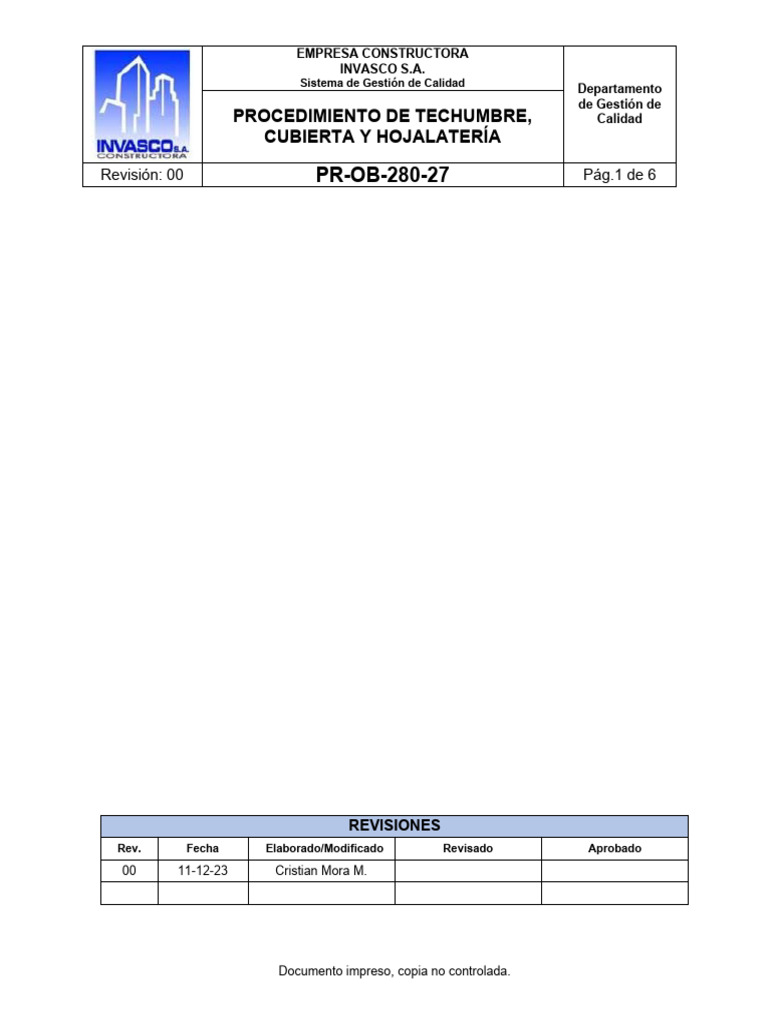 PR-OB-280-27 Procedimiento de Techumbre, Cubierta y Hojalatería | PDF | Techo | Business