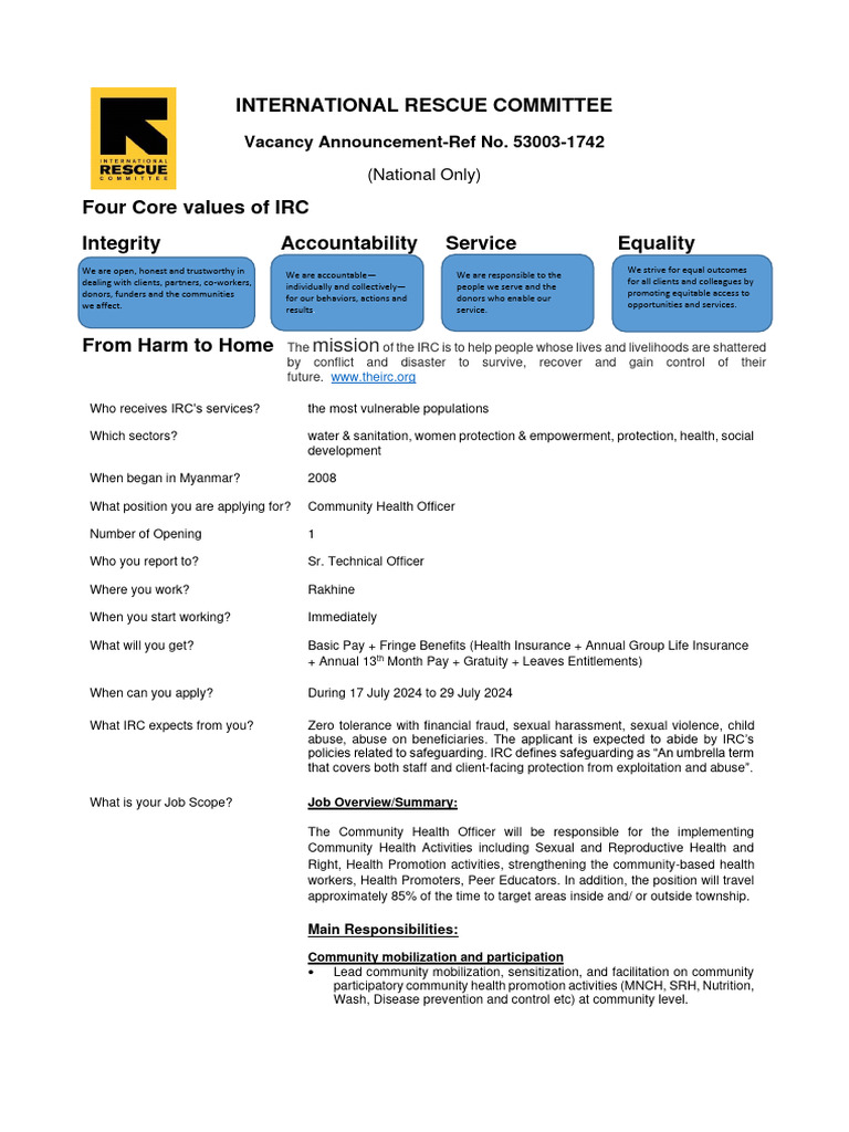 Community Health Officer Vacancy at IRC | PDF