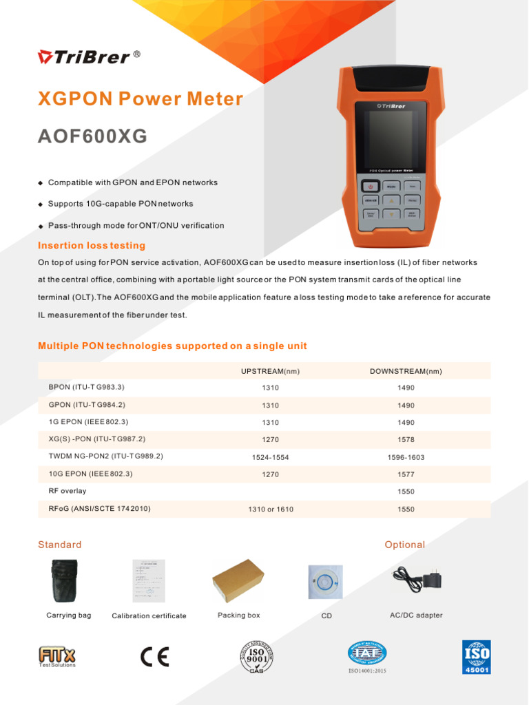 Aof600xg Xgpon Power Meter | PDF | Optics | Electromagnetic Radiation