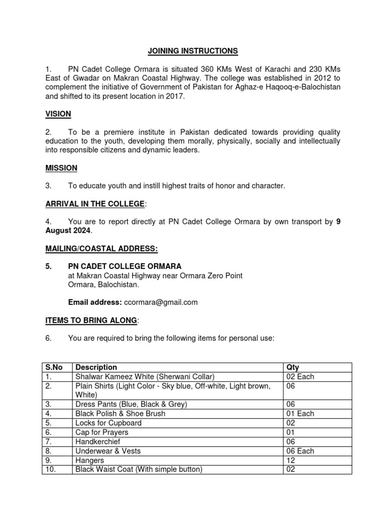 Joining Instructions N Cadets | PDF | Cadet | Shirt