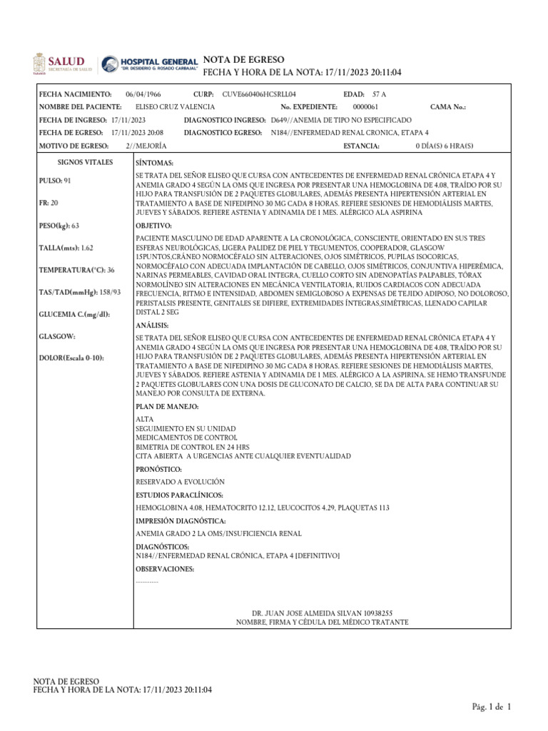 Nota de Egreso | PDF | Enfermedad renal crónica | Anemia
