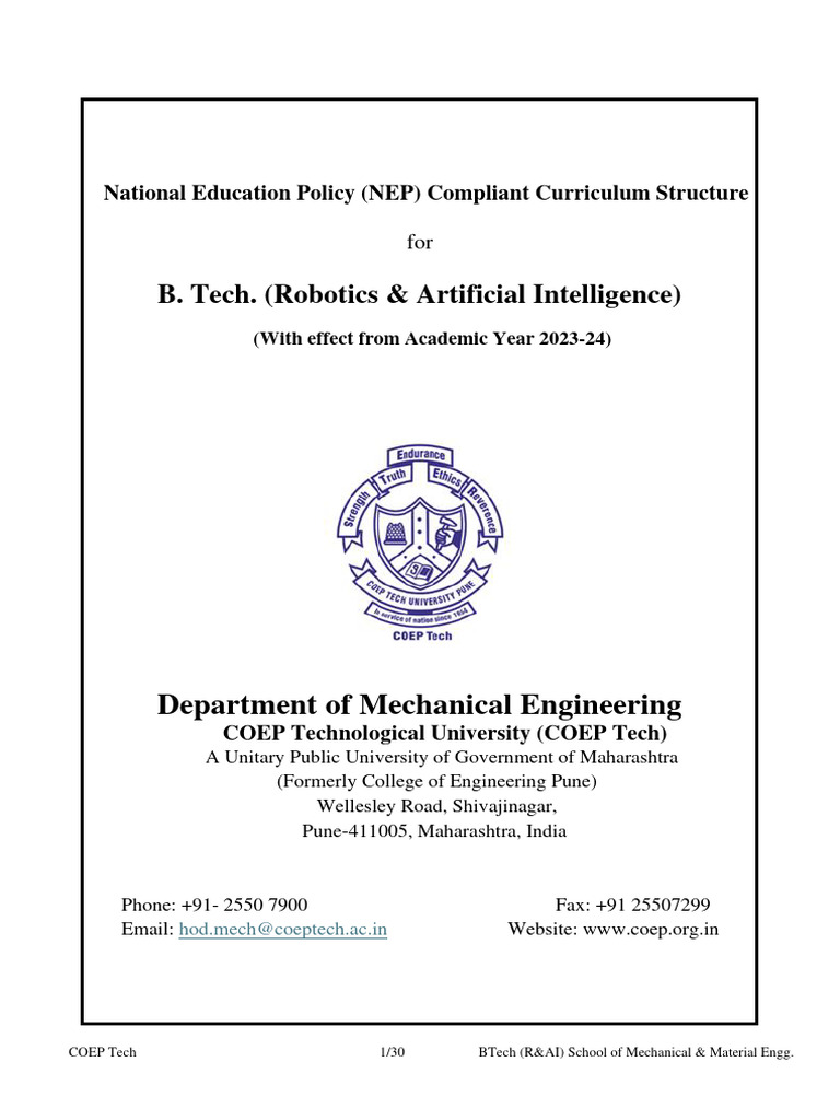 COEP B.Tech Robotics & AI Syllabus 2023 | PDF | Sensor | Engineering
