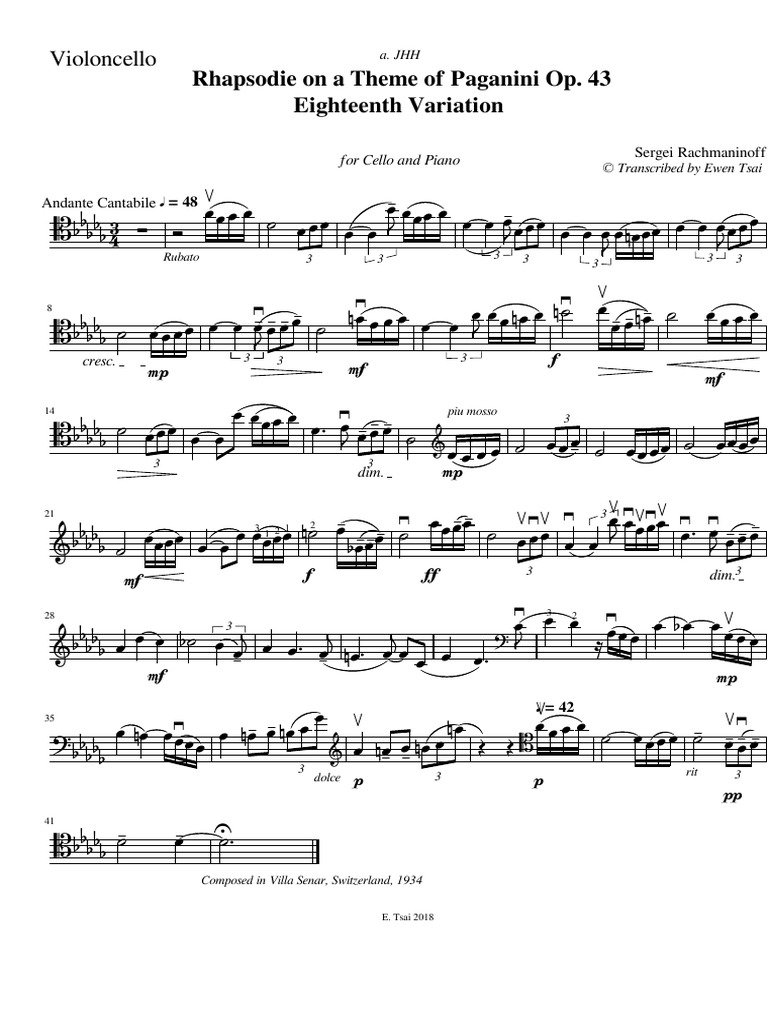 Rhapsodie On A Theme of Paganini Op. 43, 18 Variation (Cello Part ...
