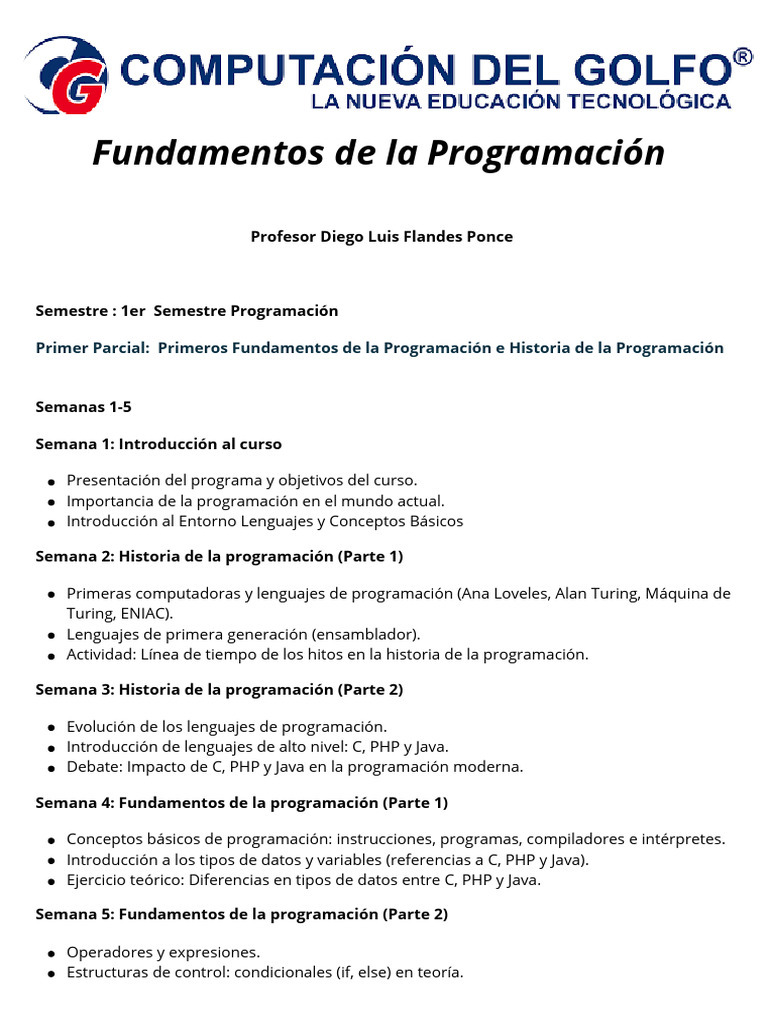 Plan de Estudio Fundamentos Programacion | PDF | Programación de computadoras | Algoritmos